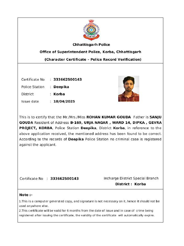 Character Certificate | PDF
