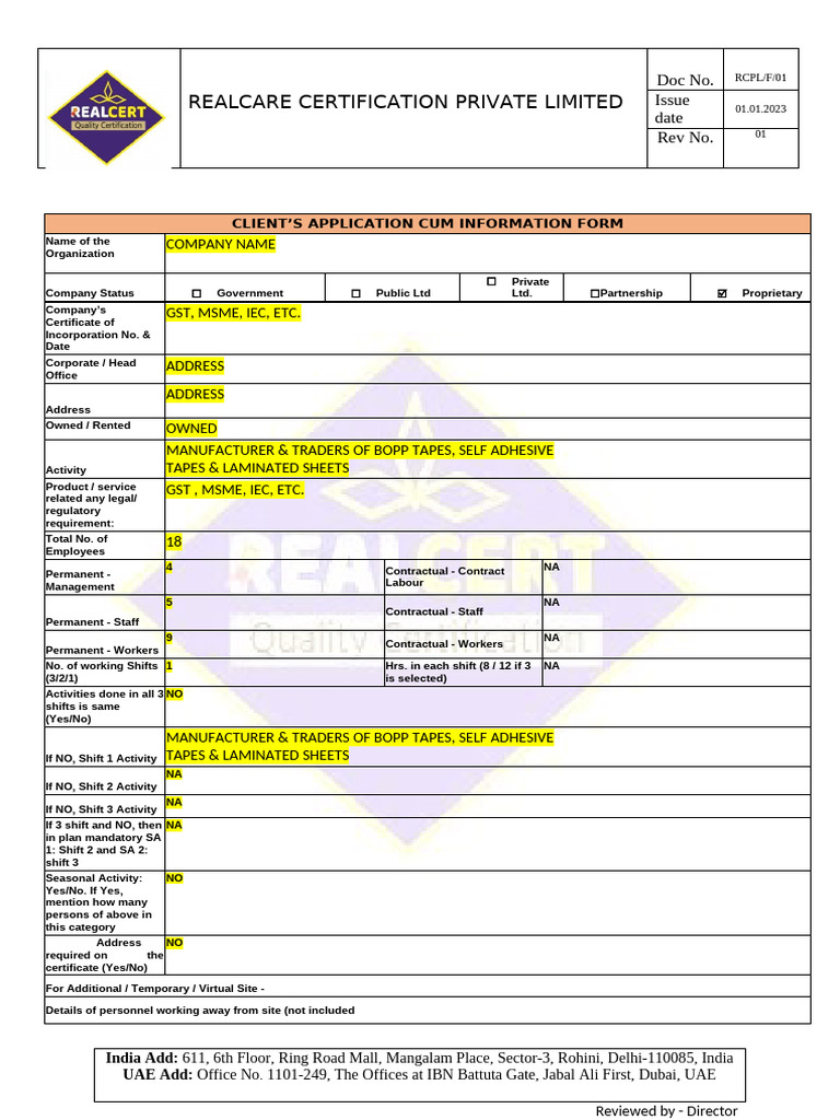 Realcare Certification Application Form | PDF