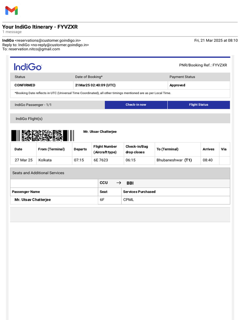 Utsav Chatterjee 27mar FYVZXR CCU BBI | PDF | Transport | Aviation
