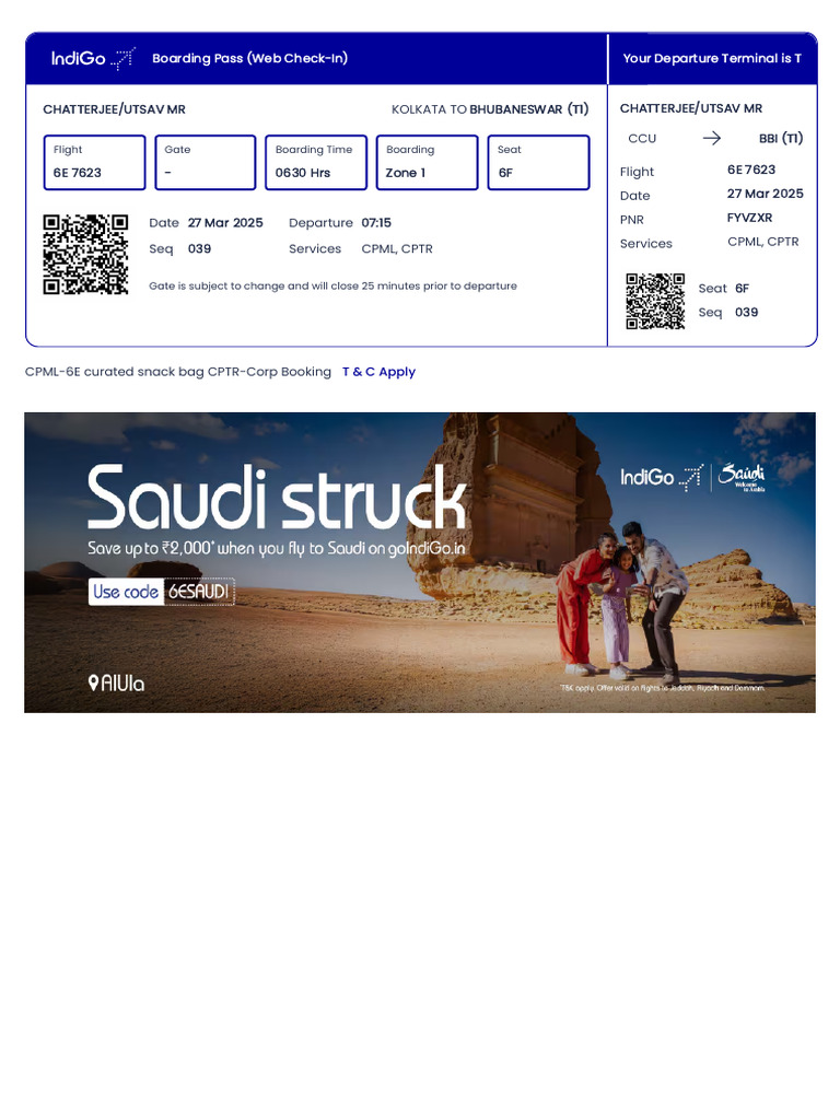 Boarding Pass Utsav Chatterjee 27mar FYVZXR CCU BBI | PDF