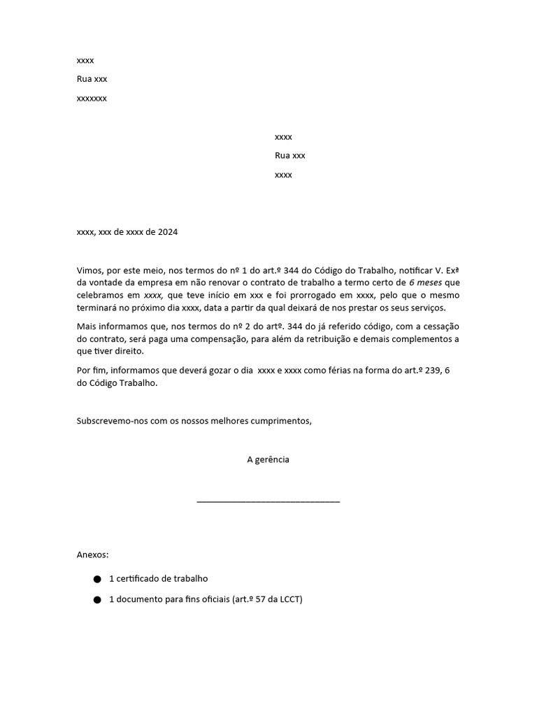 Minuta de Carta de Rescisao de Contrato A Termo Certo | PDF