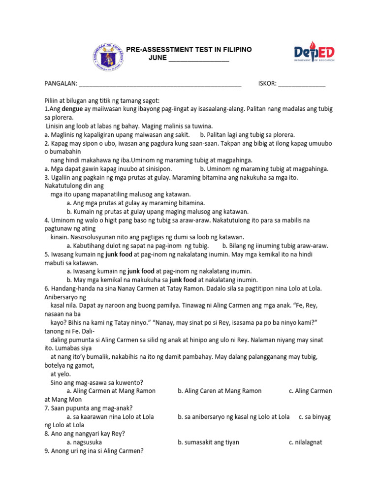 Pre-Test Filipino 2 | PDF