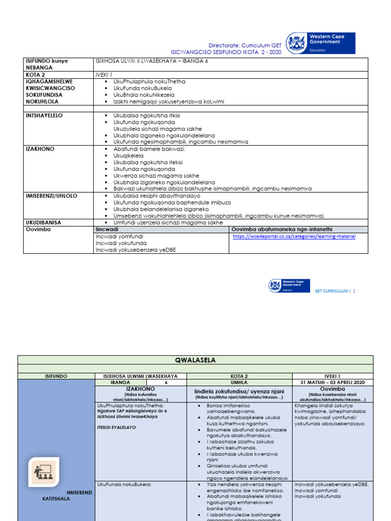 Isixhosa Lesson Plan for Grade 6 Term 2 | PDF
