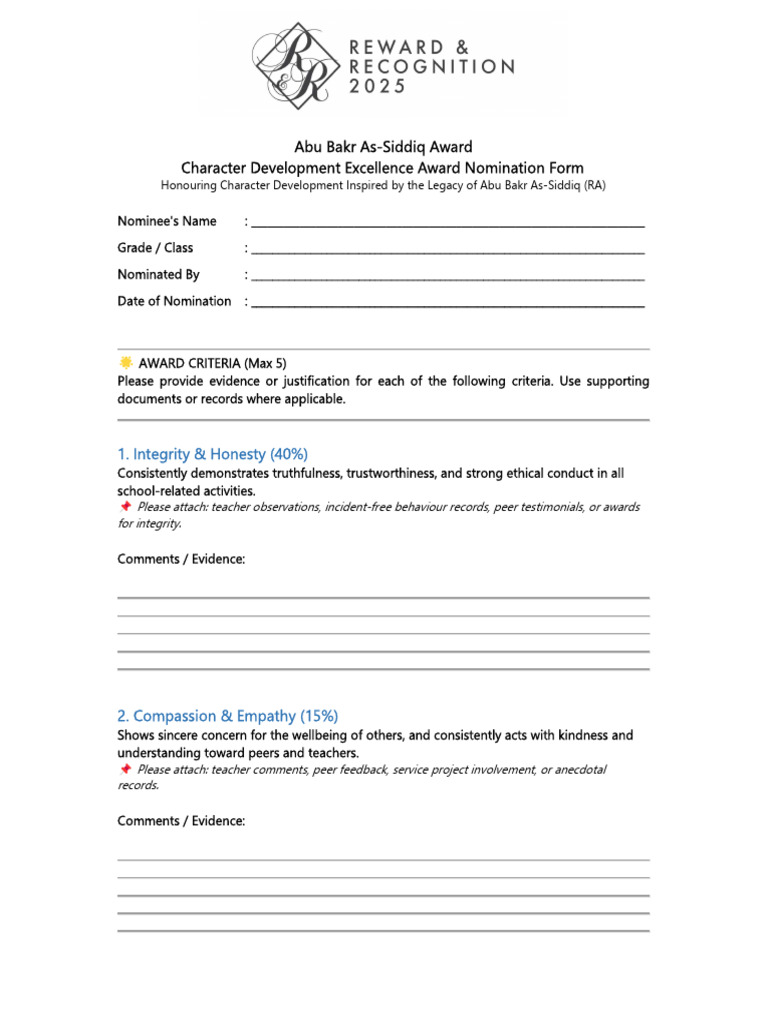 2025 Reward Recognition - Abu Bakr As-Siddiq Nomination Form | PDF ...
