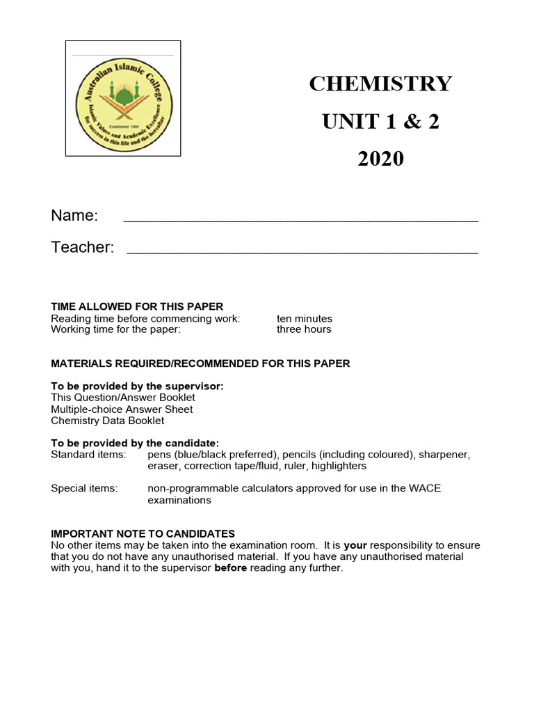 2020 Chemistry Units 1 2 Exam | PDF | Ph | Acid