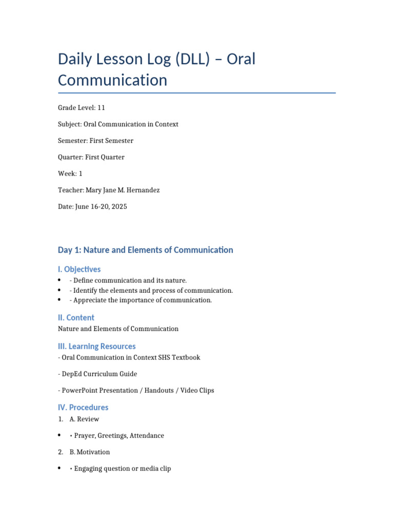 Oral Communication DLL Week1 | PDF | Communication | Curriculum