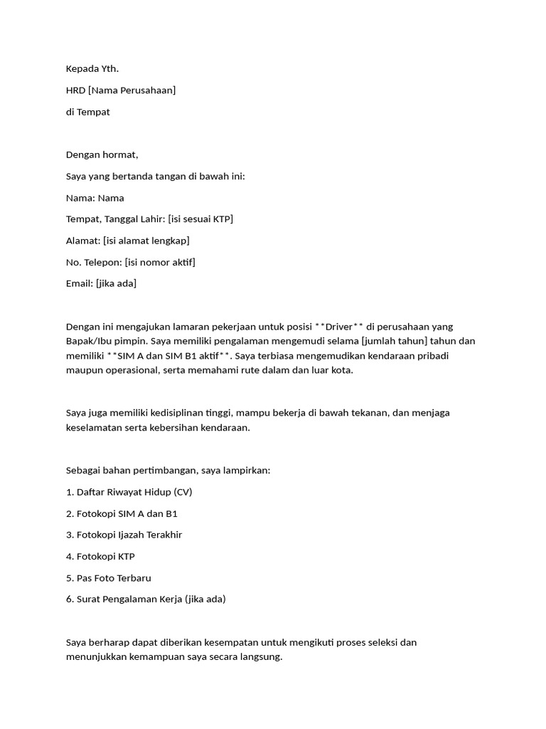 Contoh Surat Lamaran Kerja Yang Baik Driver | PDF