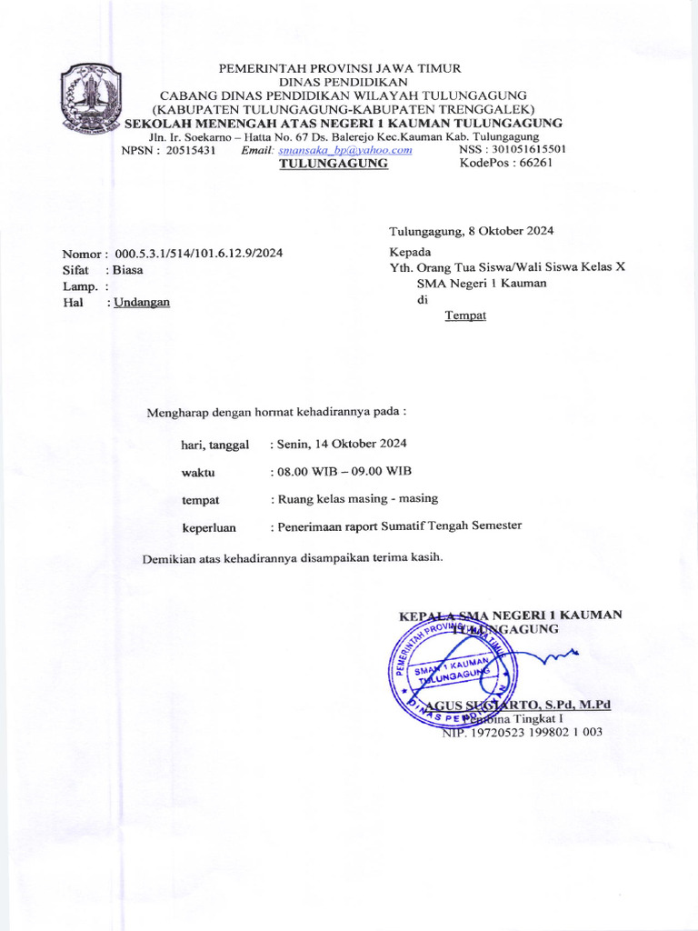 Undangan Wali Murid Penerimaan Raport STS Kelas X | PDF