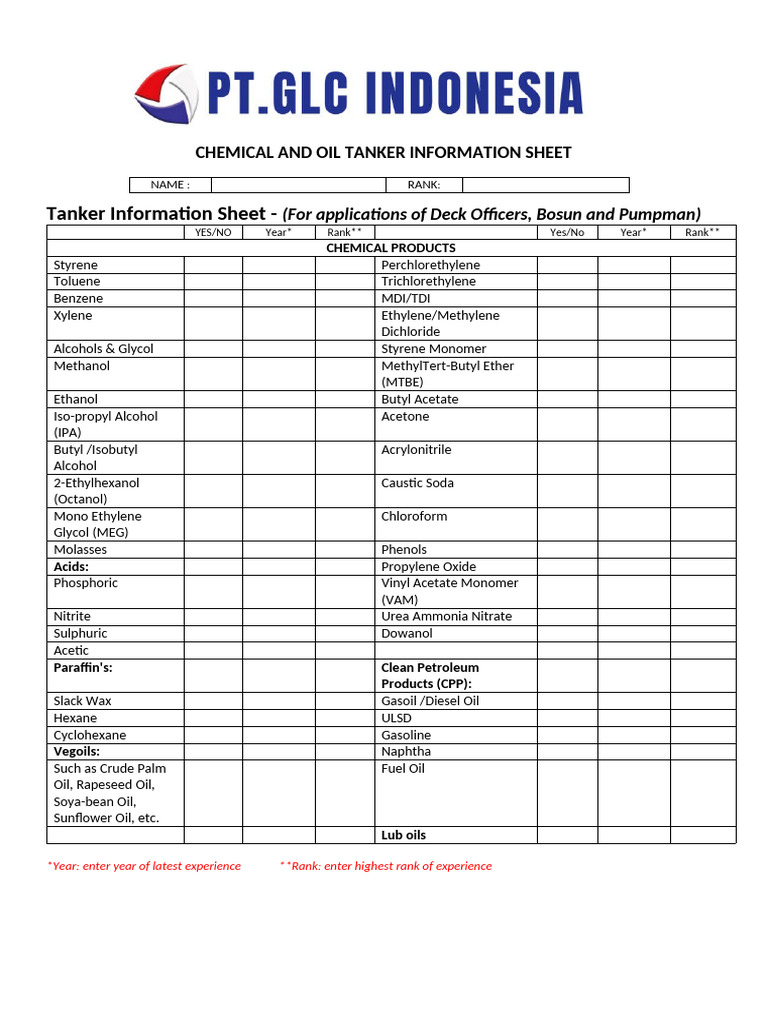 GLC - Tanker Information Sheet (Chem - Oil Tanker) Blank | PDF | Oil ...