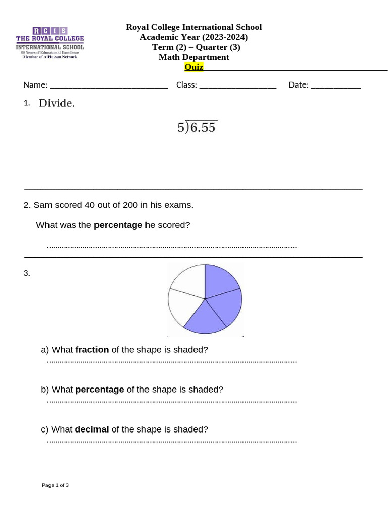 T2 Q3 Math Quiz Grade 5 | PDF