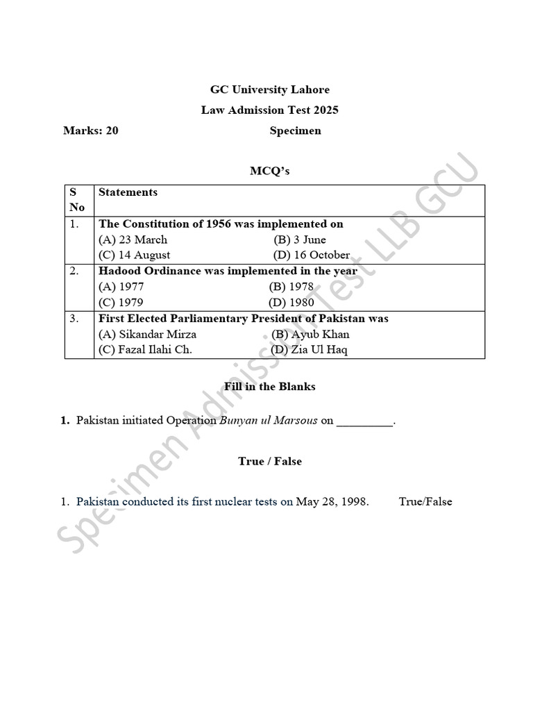 GCU Lahore Law Admission Test Sample | PDF