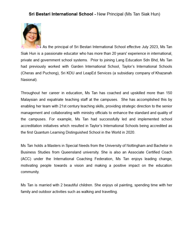 Sri Bestari International Schools New Principal Ms Tan Siak Hun ...