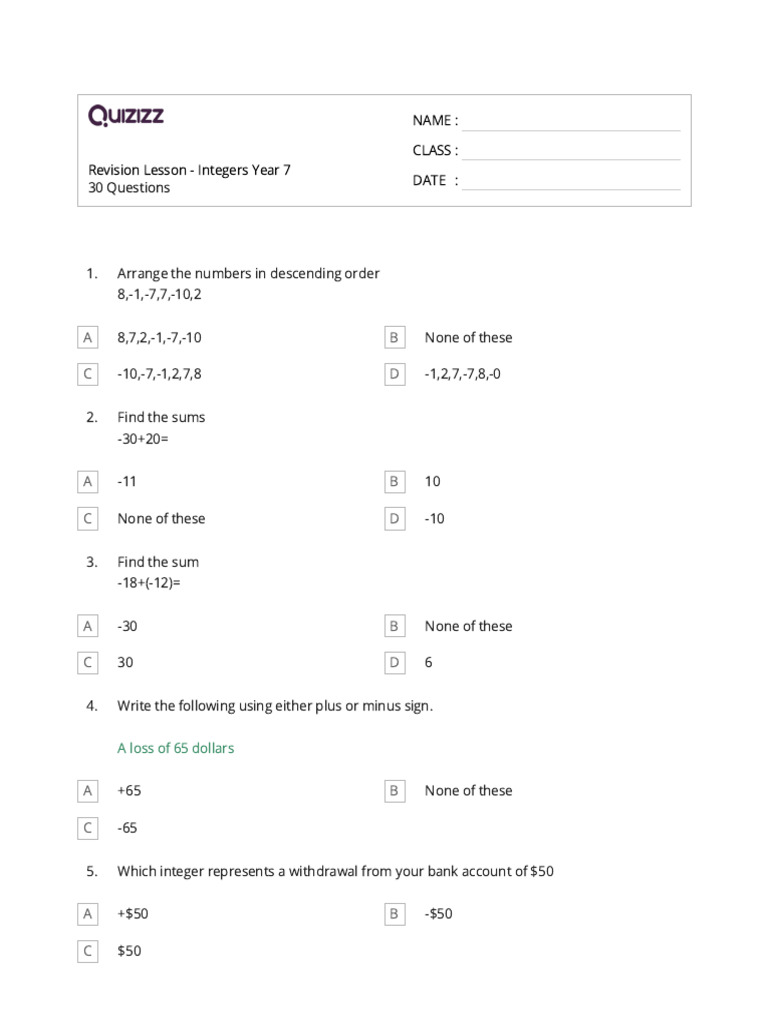 Year 7 Integer Revision Quiz | PDF | Prime Number | Chess