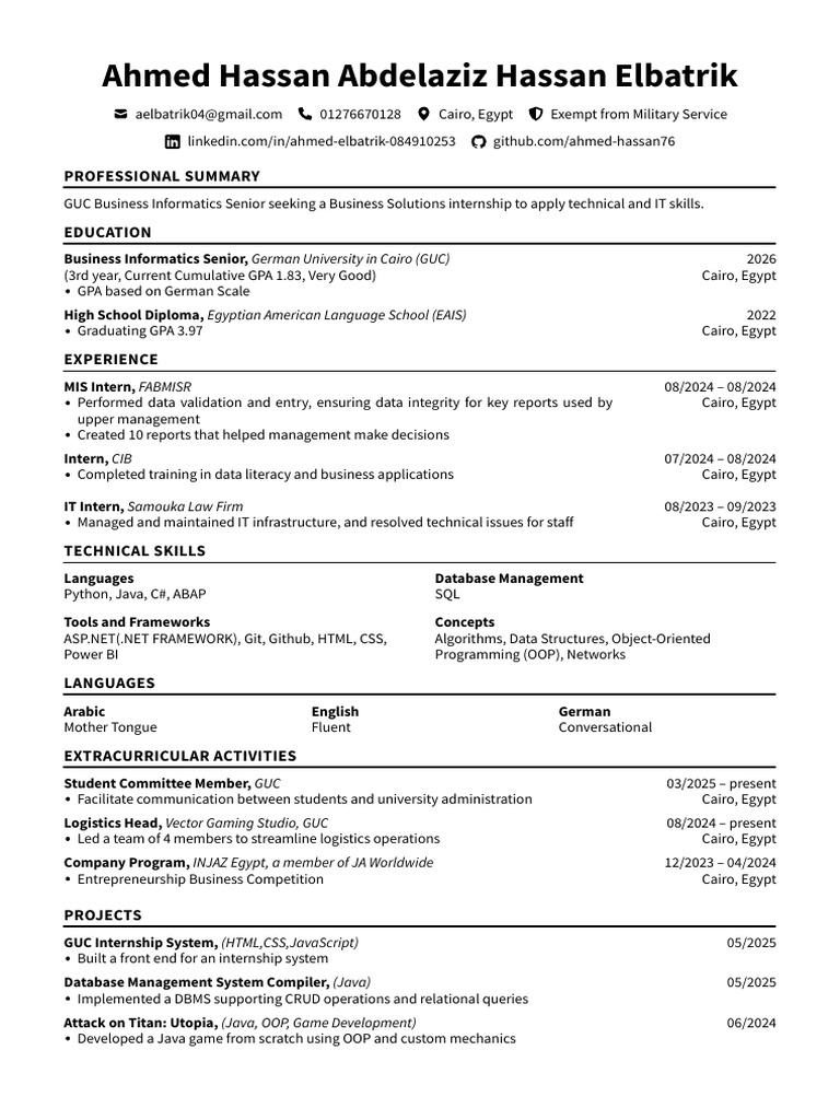 Ahmed Elbatrik Resume (Solutions) | PDF | Databases | Object Oriented Programming