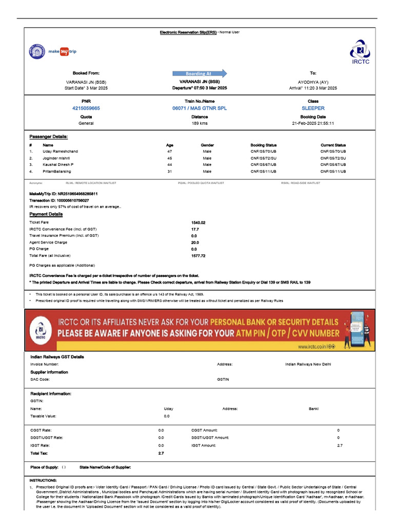 Train Ticket Var-Ayodhya | PDF | Identity Document | Payments