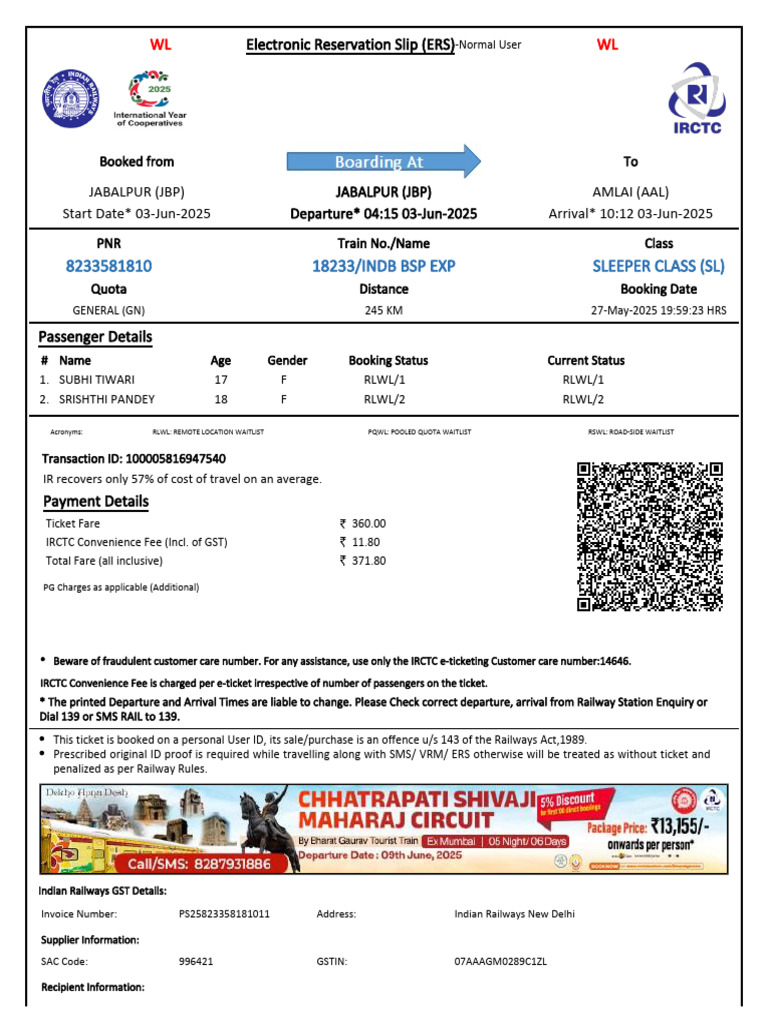 18233/INDB BSP EXP Sleeper Class (SL) : WL WL | PDF | Identity Document ...