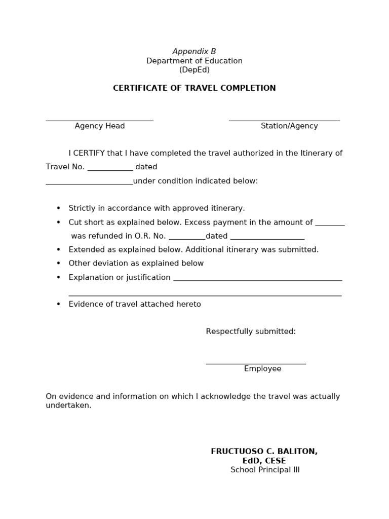 Appendix B Certificate of Travel Completion | PDF
