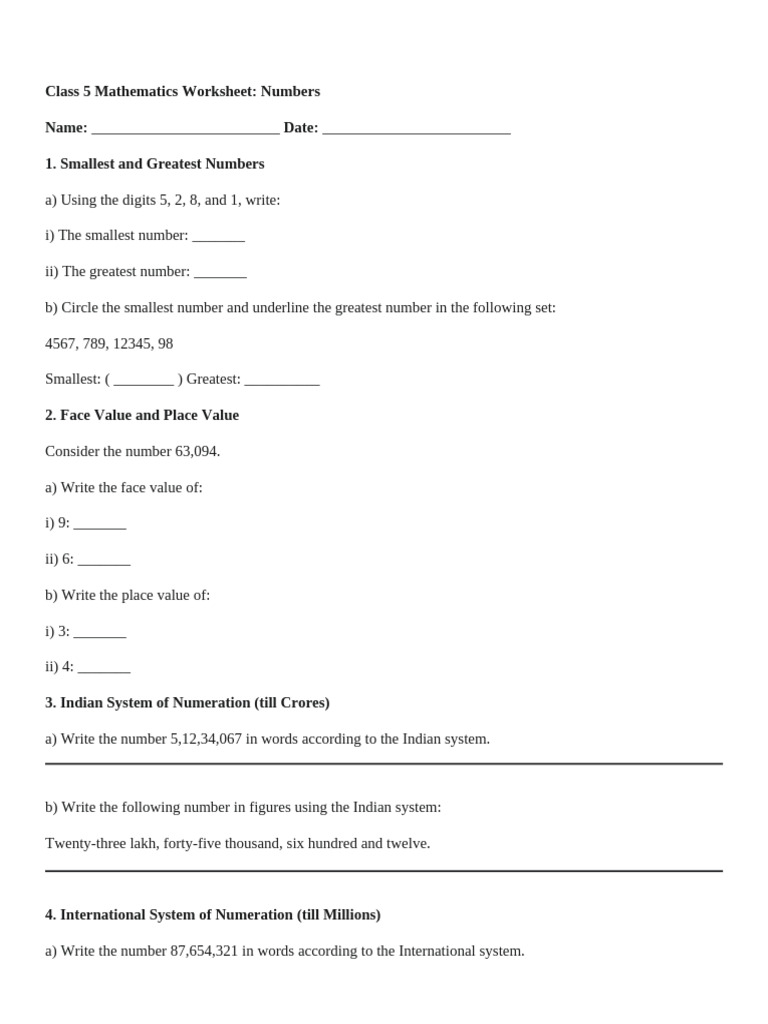 Class 5 Mathematics Worksheet | PDF