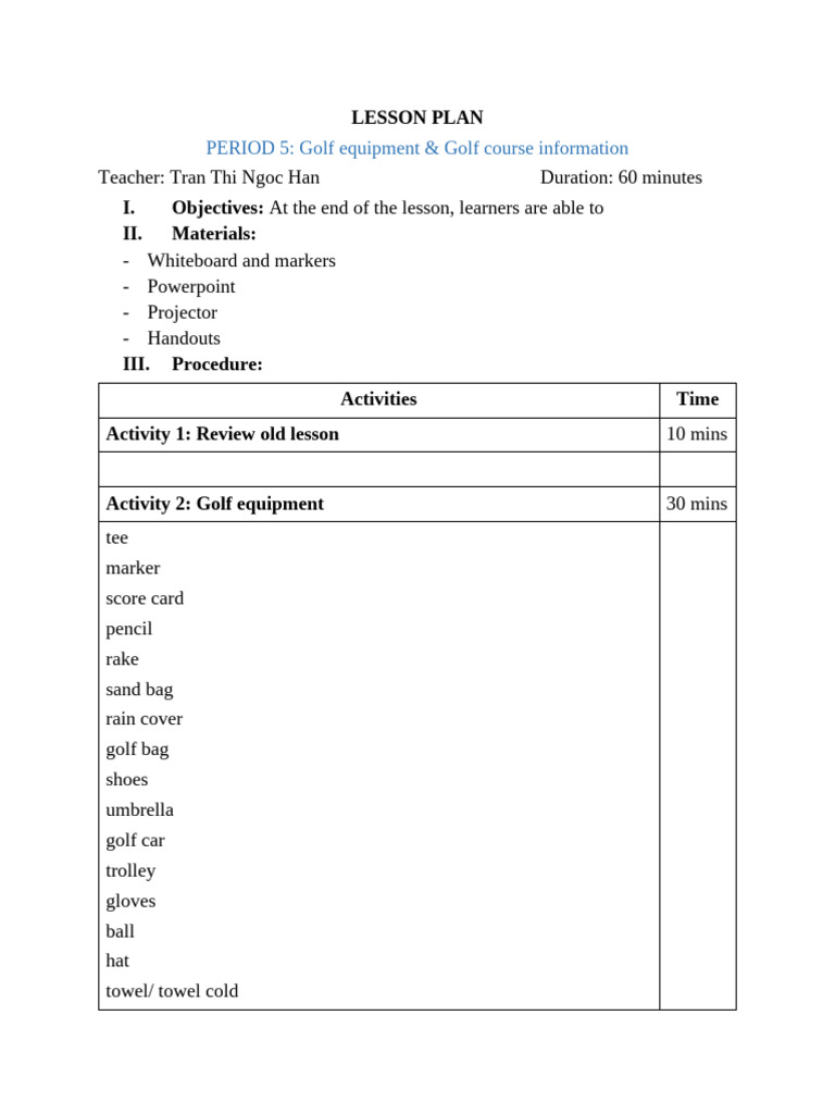 LESSON PLAN P5 - Golf Equipment&Golf Course Information | PDF