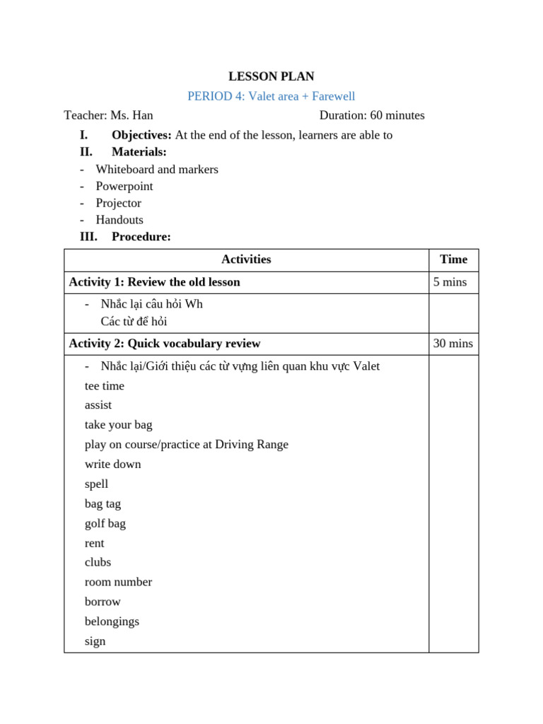 LESSON PLAN P4 - Valet Area & Farewell | PDF | Individual Sports | Summer Sports