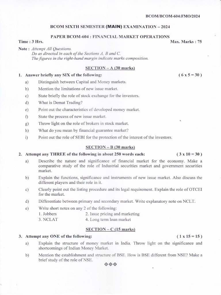 Previous Year Questions Paper | PDF | Financial Markets | Money