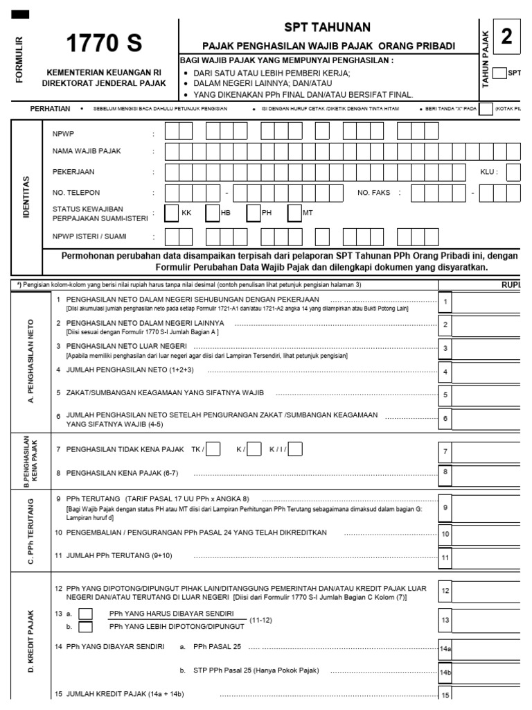 Formulir Excel SPT Tahunan PPH Orang Pribadi - 1770 S | PDF