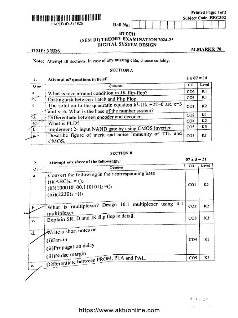Btech Ec 3 Sem Digital System Design Bec302 2025 | PDF