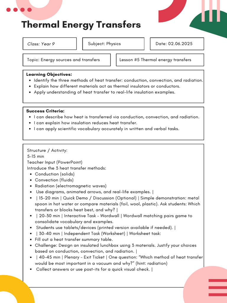 Thermal Energy Transfers - Lesson Plan 02.06.25 | PDF | Heat Transfer | Thermal Insulation