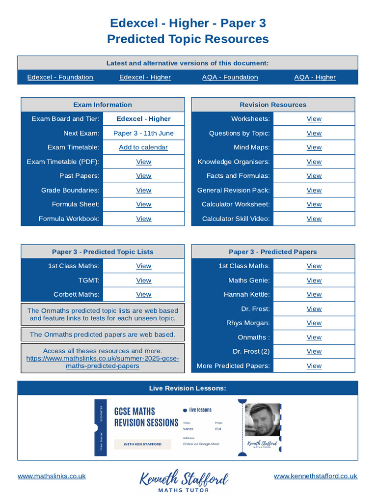 Paper 3 - Edexcel - Higher - Summer 2025 - (Mathslinks - Co.uk) | PDF ...