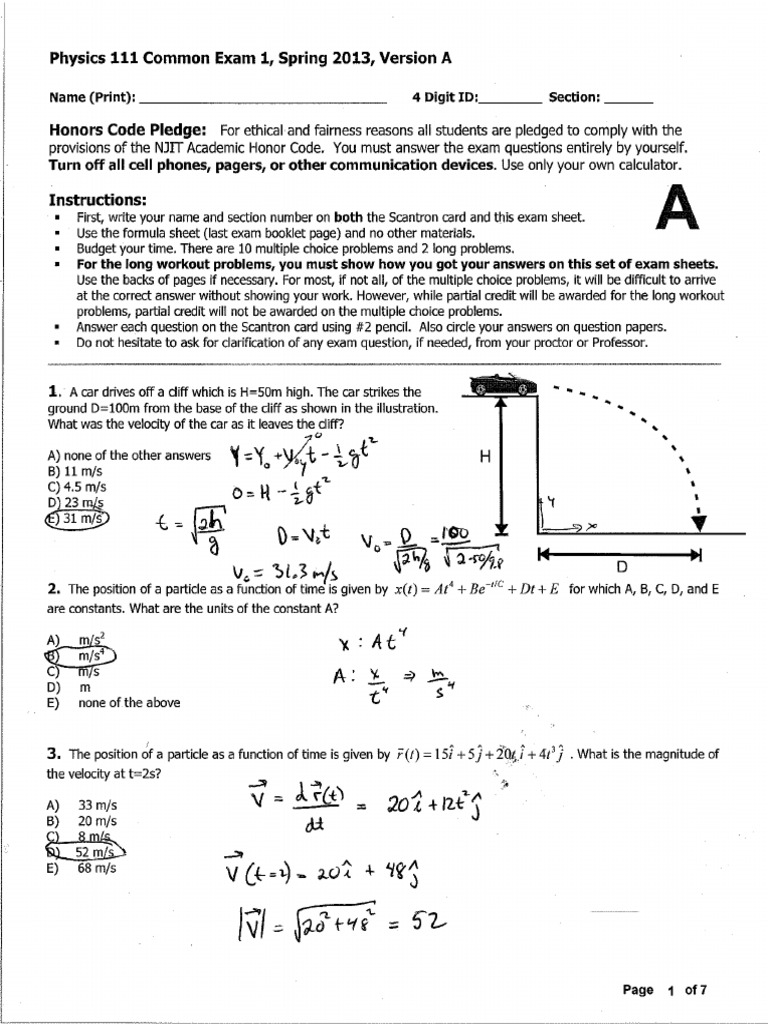Phys111spring2013 Exam1 Solutions | PDF