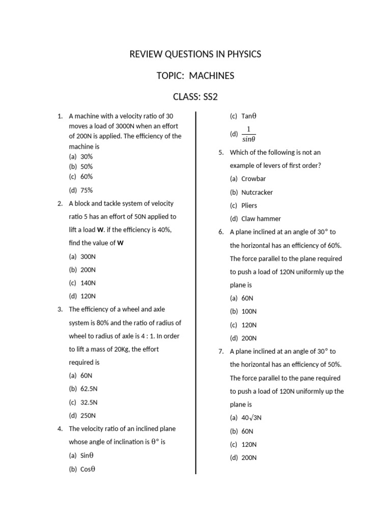 SS2 Physics: Machines Review Questions | PDF | Classical Mechanics ...