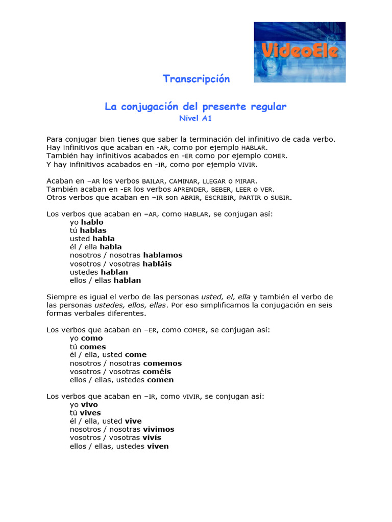 A1 Conjugacion Presente Regular Transcripcion | PDF