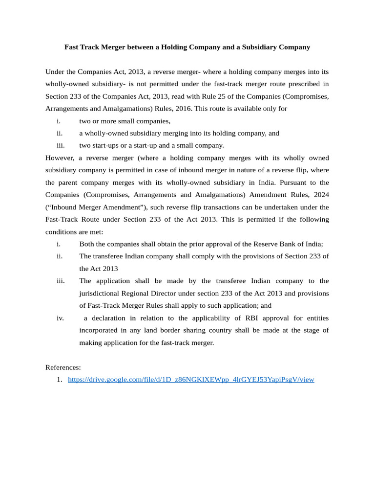 Fast Track Merger Between A Holding Company and A Subsidiary Company | PDF