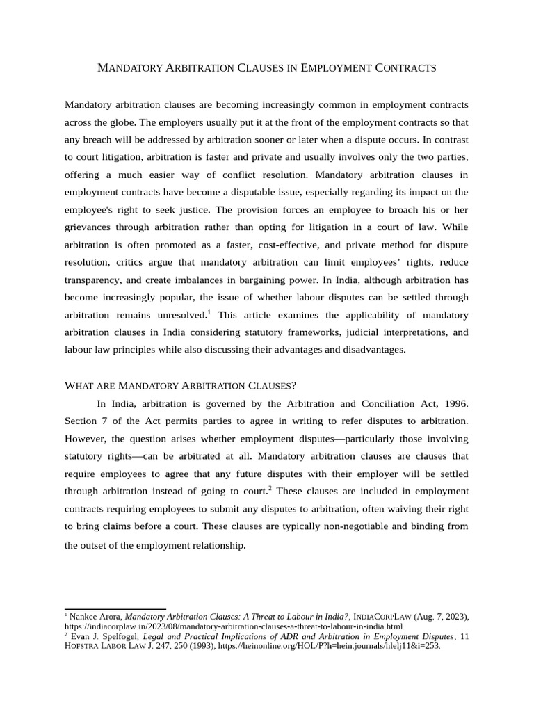 Mandatory Arbitration Clauses in Employment Contracts | PDF ...