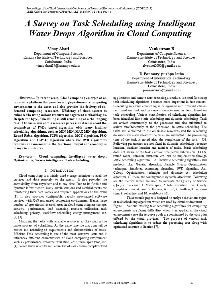 A Survey On Task Scheduling Using Intelligent Water Drops Algorithm in Cloud Computing | PDF ...