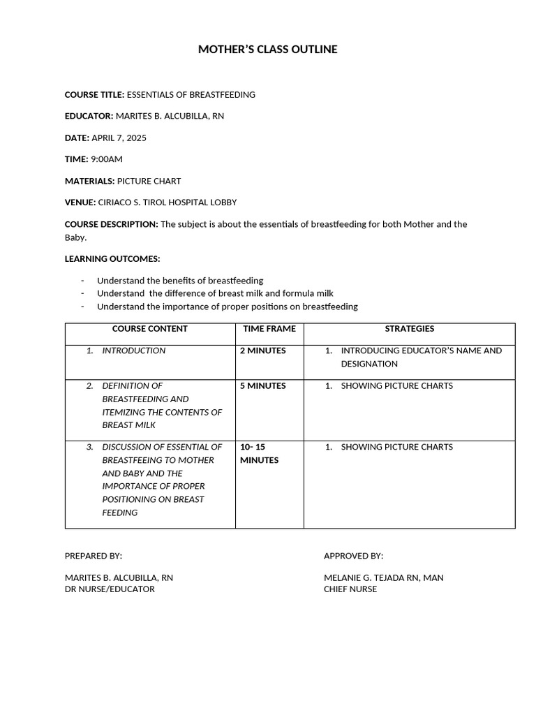 Course Outline Mother's Class | PDF