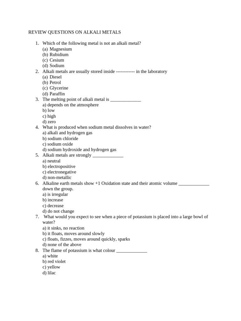 Review Questions On Alkali Metal1 | PDF