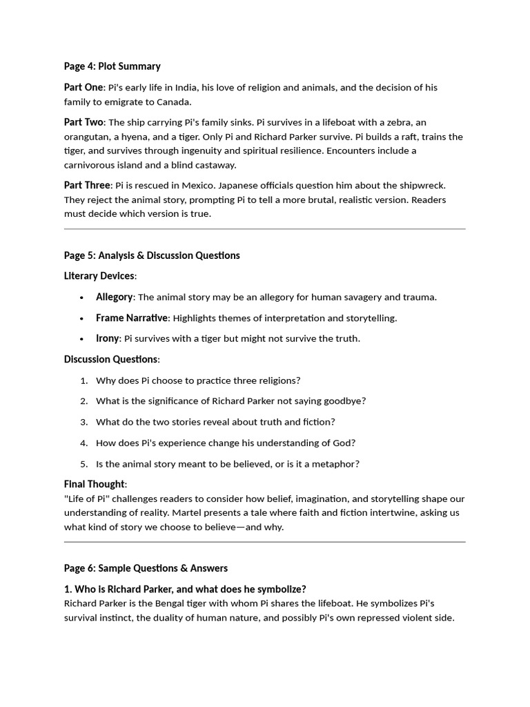 Life of Pi: Key Questions & Insights | PDF