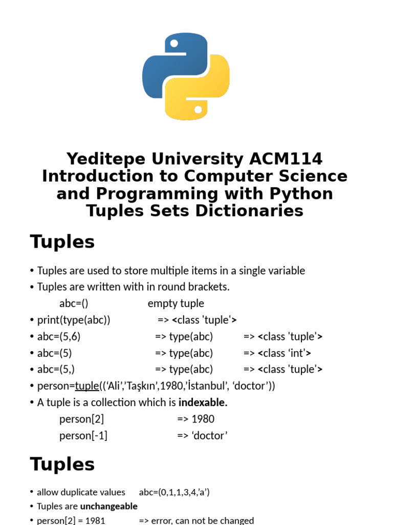 Acm114 Tuples Sets Dictionaries | PDF | Software Engineering | Computer Programming
