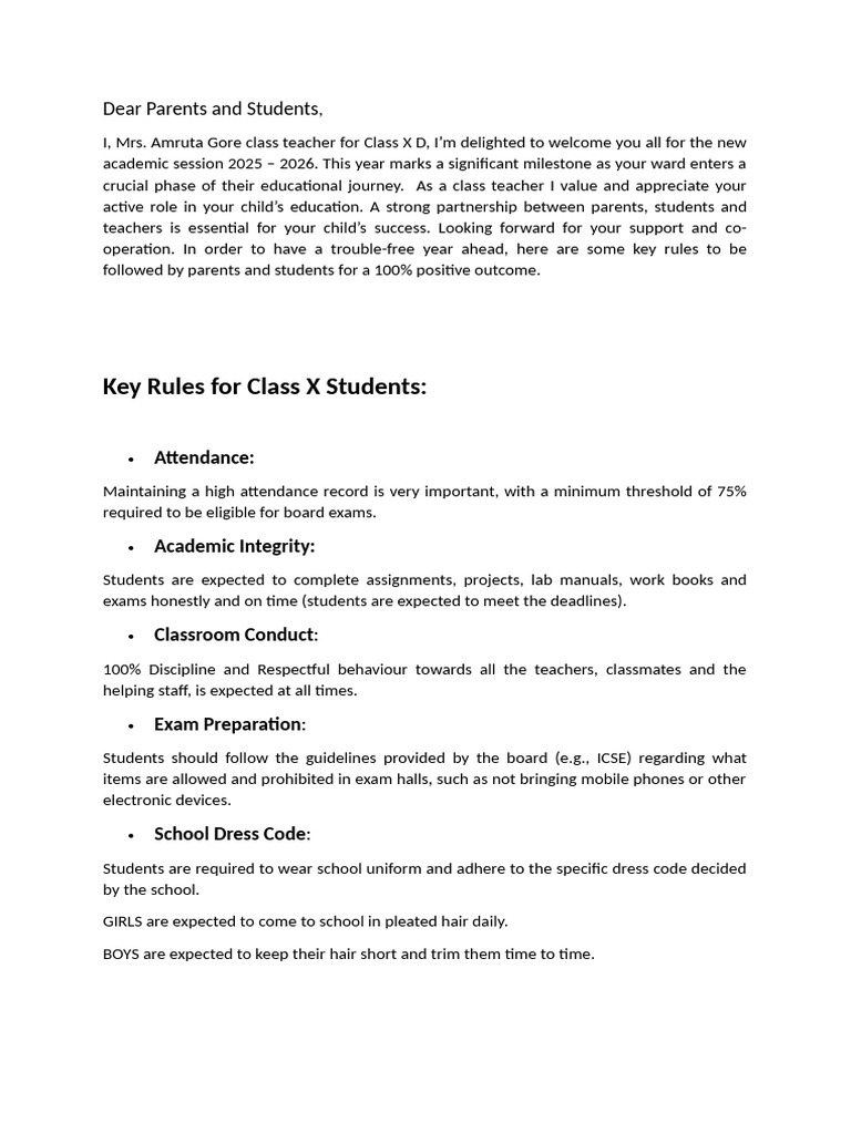Rules & Regulations For Class X | PDF