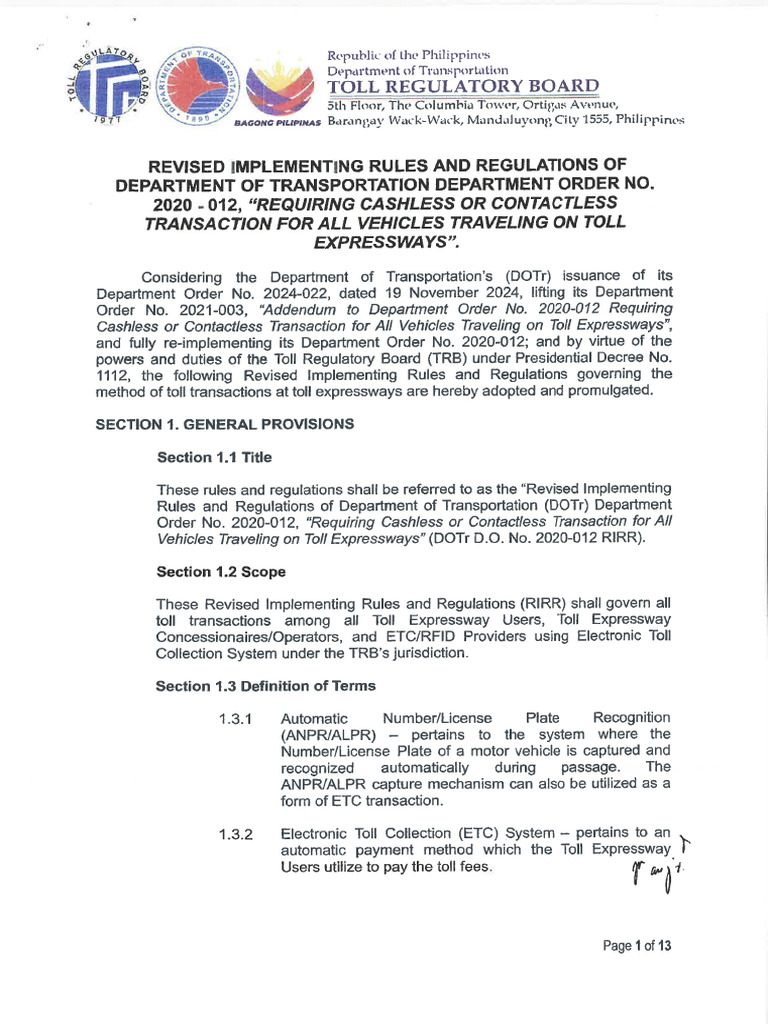 Revised Implementing Rules and Regulations For The DO 2020-012 Requiring Contactless Transaction ...