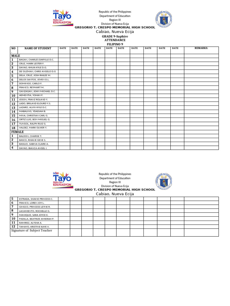 Grade 9 Attendance Record - Filipino 9 | PDF