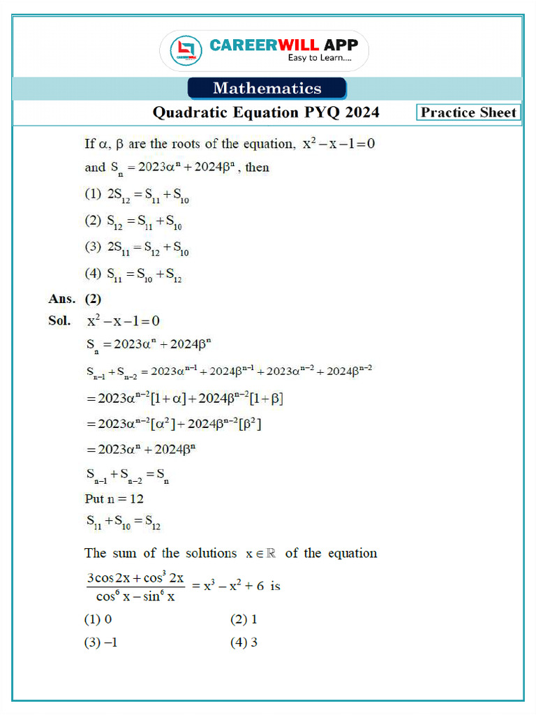 Quadratic Equation PYQ 2024 Main Solutions | PDF