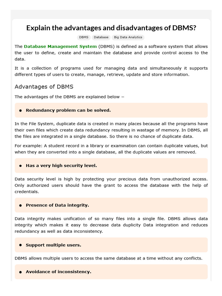 Explain The Advantages and Disadvantages of DBMS | PDF | Databases | Information Retrieval