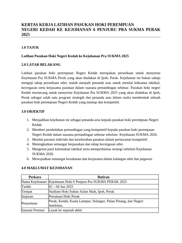 Kertas Kerja Latihan Pasukan Hoki Perempuan Kedah | PDF