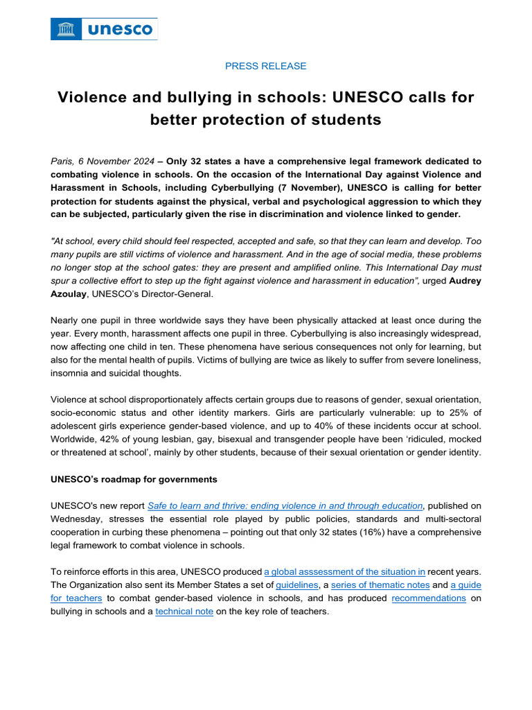 UNESCO Urges Action Against School Violence | PDF | Violence | Bullying