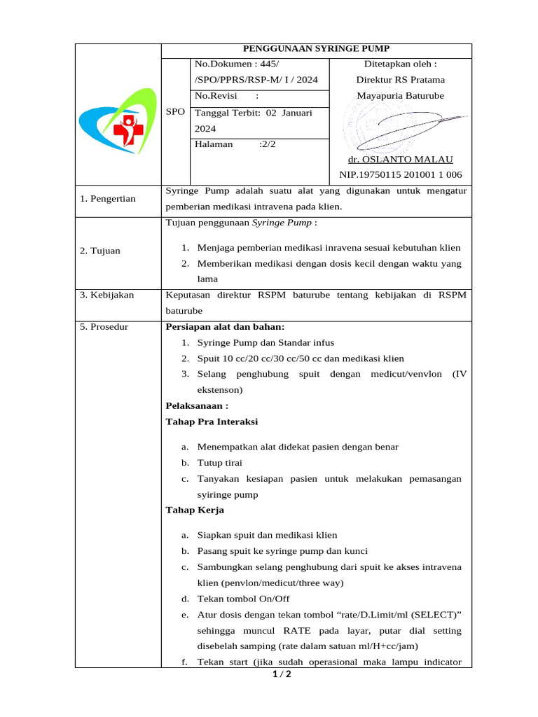 Spo Penggunaan Syringe Pump | PDF