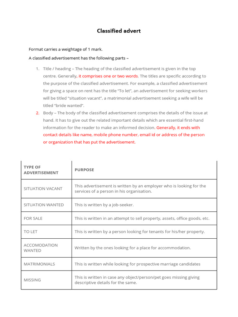 Class 11 Classified Advertisement Guide | PDF | Advertising