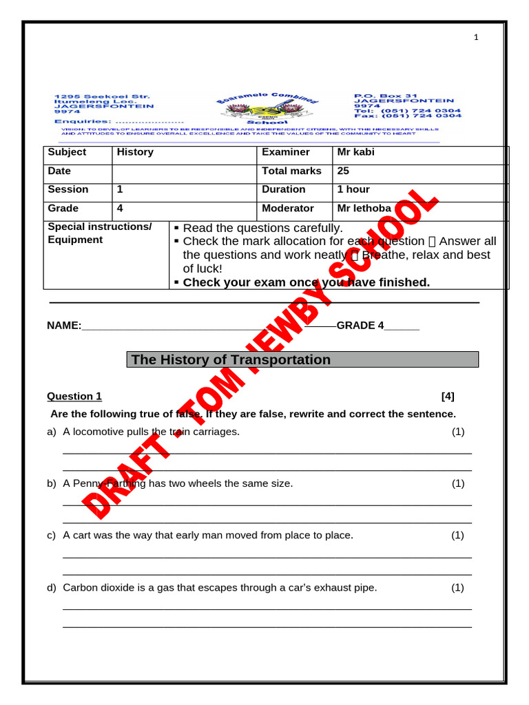 Grade 4 History Exam: Transportation | PDF | Transport