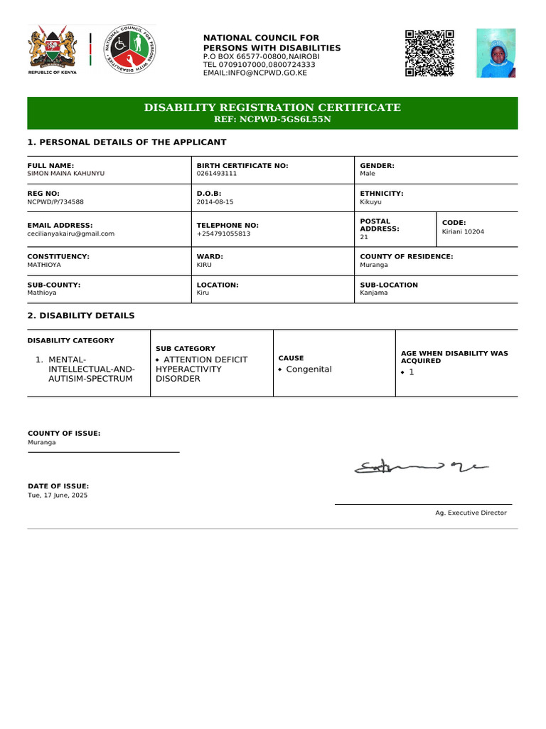 NCPWD 5GS6L55N Disability Registration Certificate | PDF